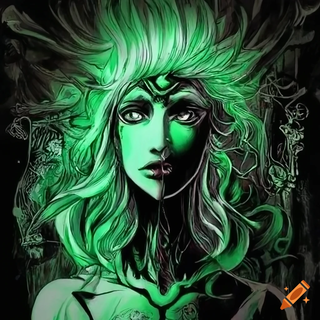 Chaos god of green consciousness in an angelic portrayal on Craiyon
