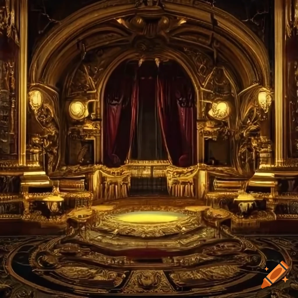 Mechanical golden room with magical artifacts and coins, featuring a ...