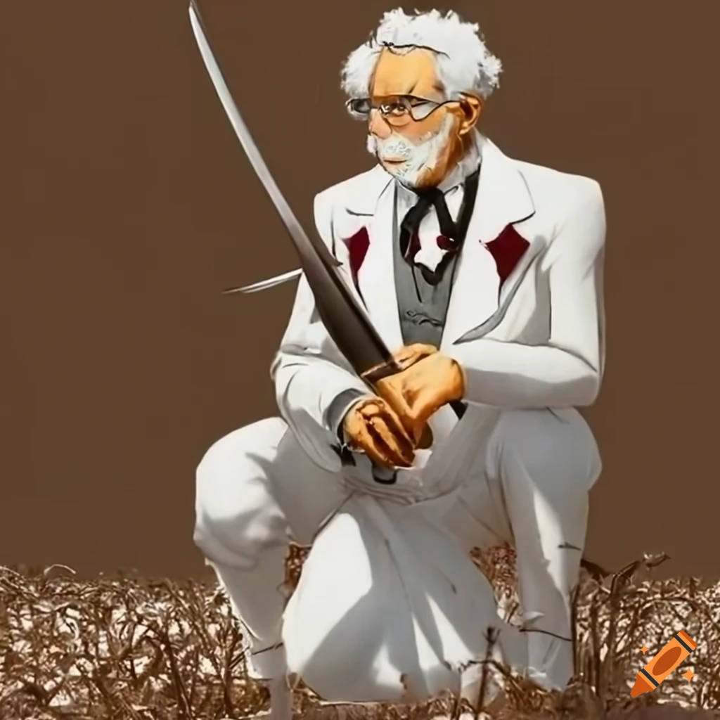 Colonel Sanders crouching with two katana cutting cotton plants on a ...