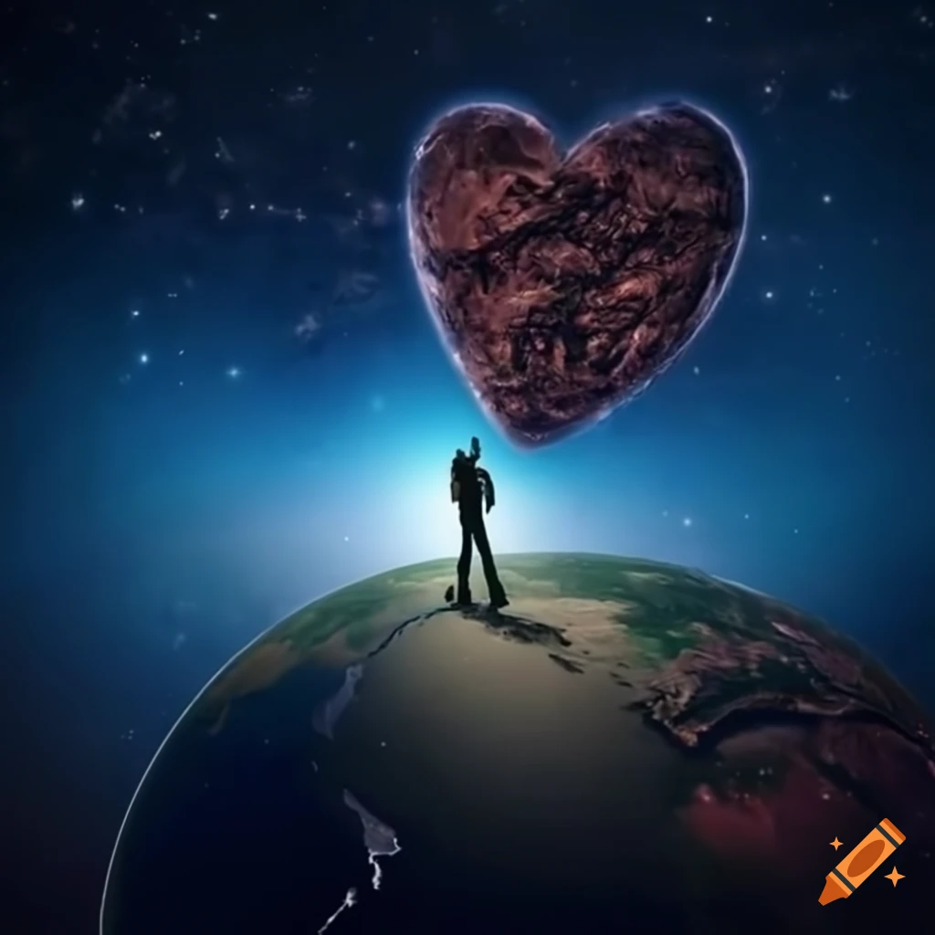 Man walking on the broken heart-shaped planet earth viewed from space ...
