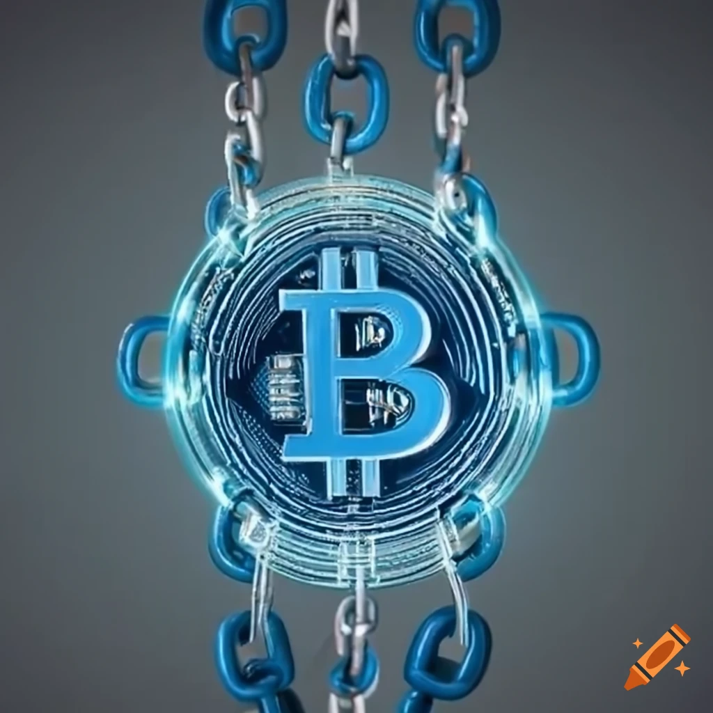 Bitcoin connected with a blue chain on Craiyon
