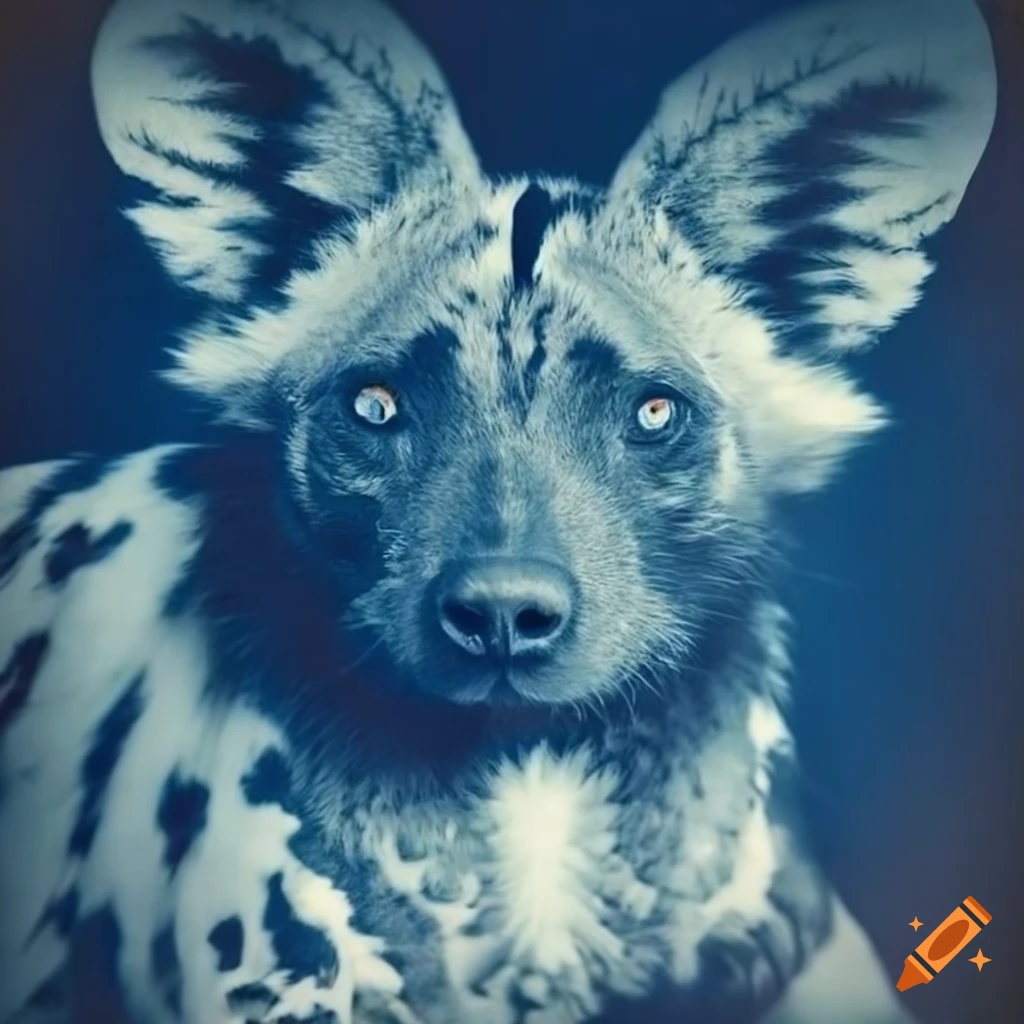 Wild dog with glowing eyes in a cyanotype night scene on Craiyon