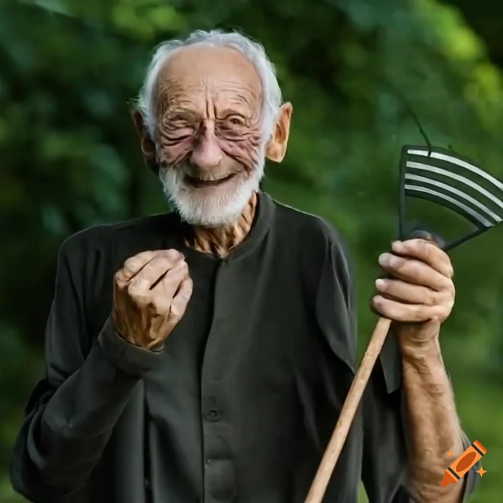 Happy 59 year old male gardener with a rake on Craiyon