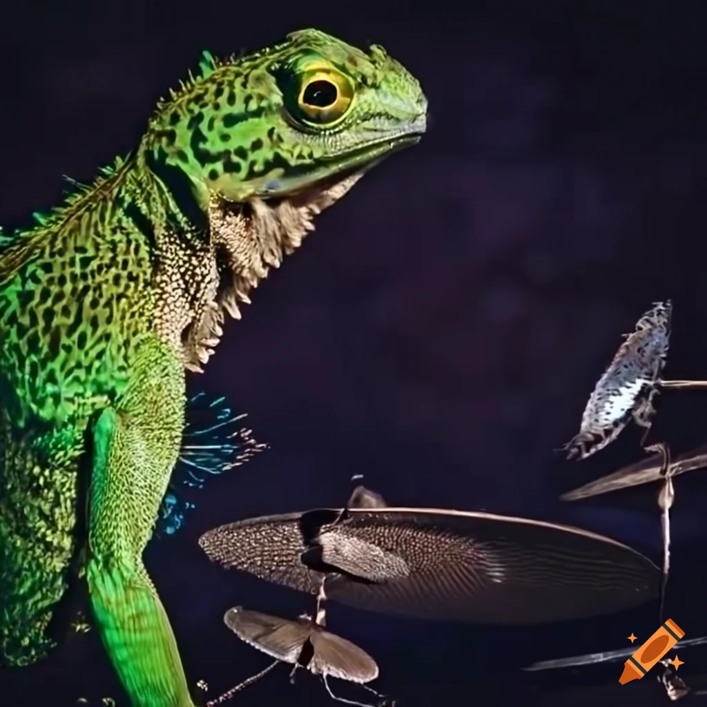 Green lizard fish in black jacket and sparkly pants playing futuristic ...