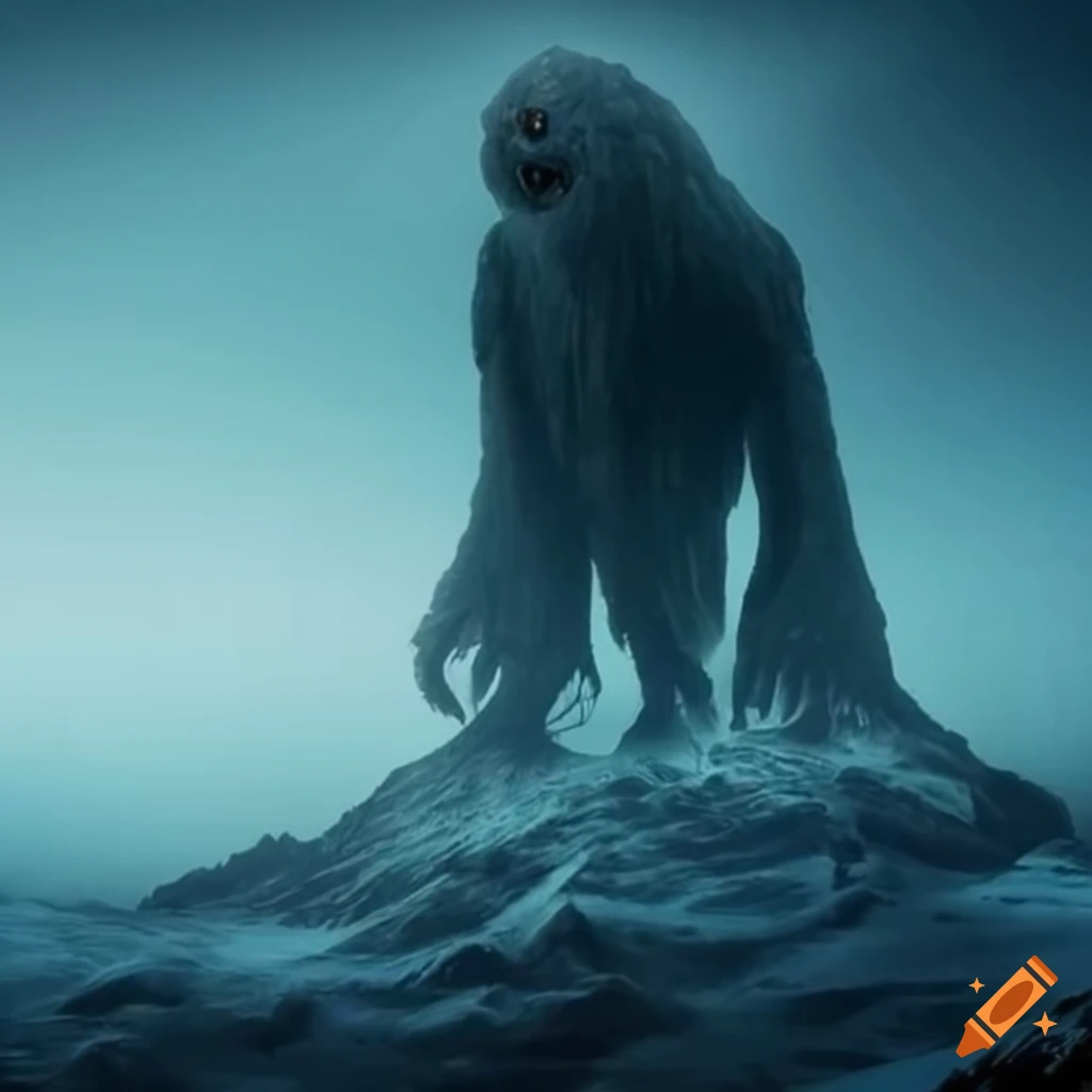 Mysterious monster standing on a snowy mountain in thick fog on Craiyon