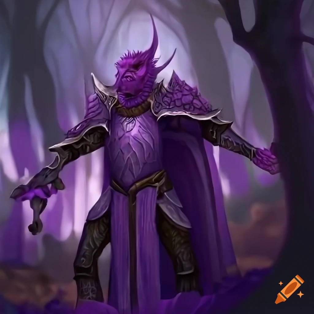 Close up of purple dragonborn paladin praying before the world tree on ...