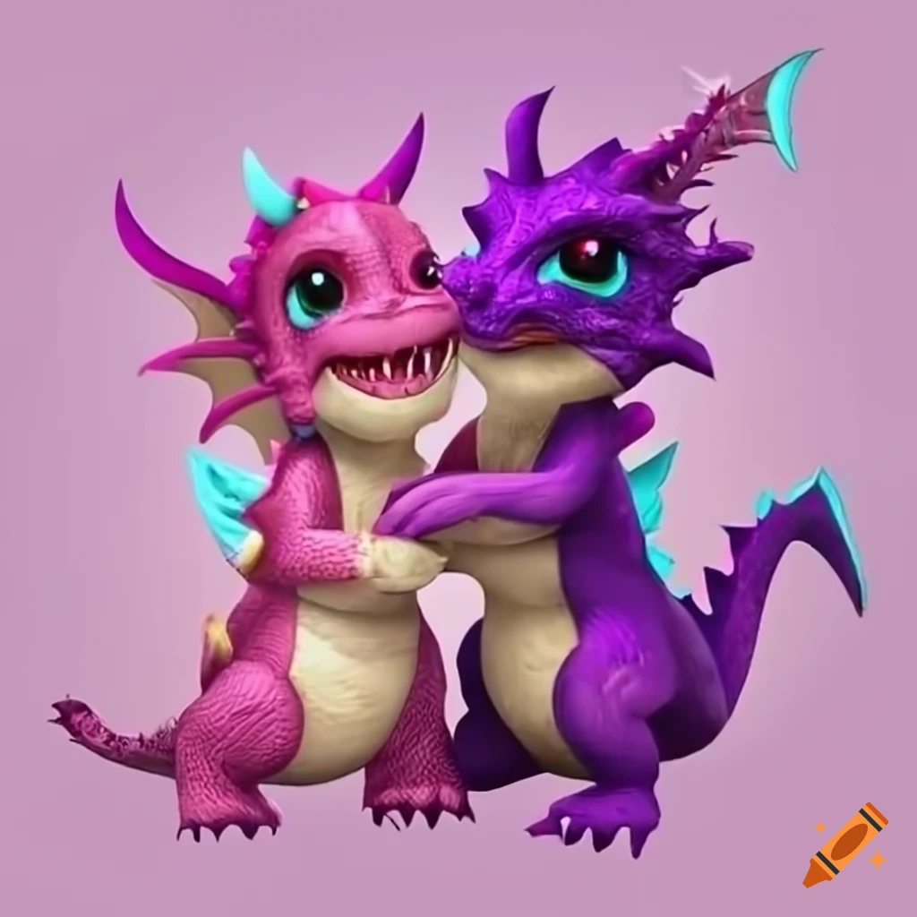 Two cute dragons, one pink hugging a purple dragon's tail on Craiyon