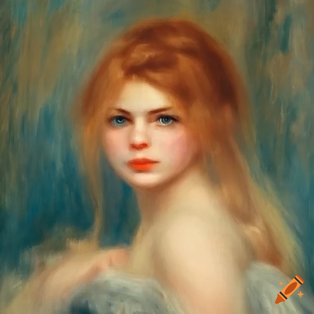 Woman with long fluffy hair in the style of renoir on Craiyon