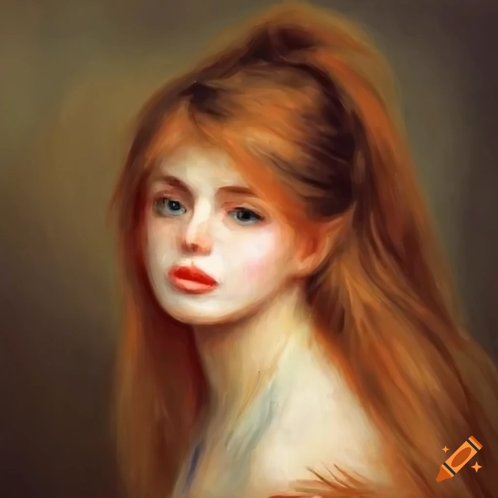 Woman with long fluffy hair in the style of renoir on Craiyon