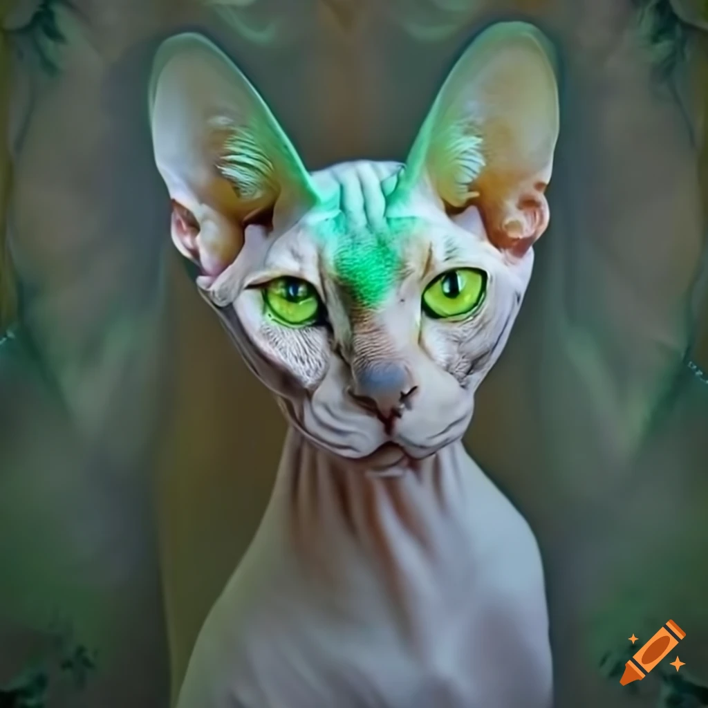 Intricately detailed portrait of a human-faced sphynx cat with green ...