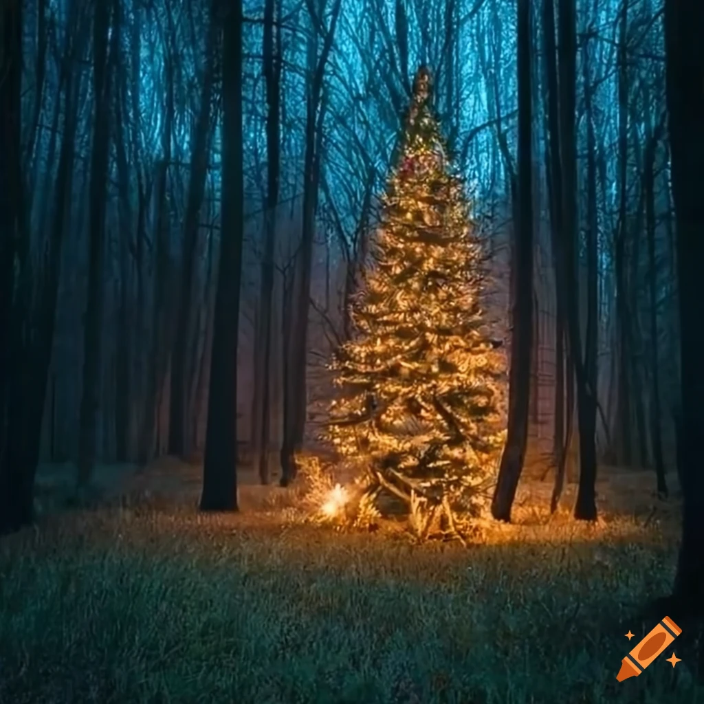 Decorated Christmas tree in the forest on Craiyon
