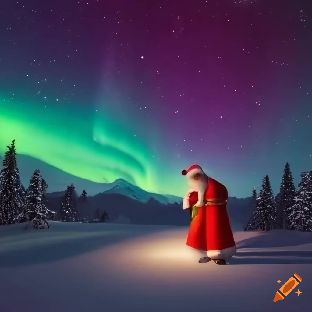Santa claus in snowy landscape with aurora borealis in the sky on Craiyon