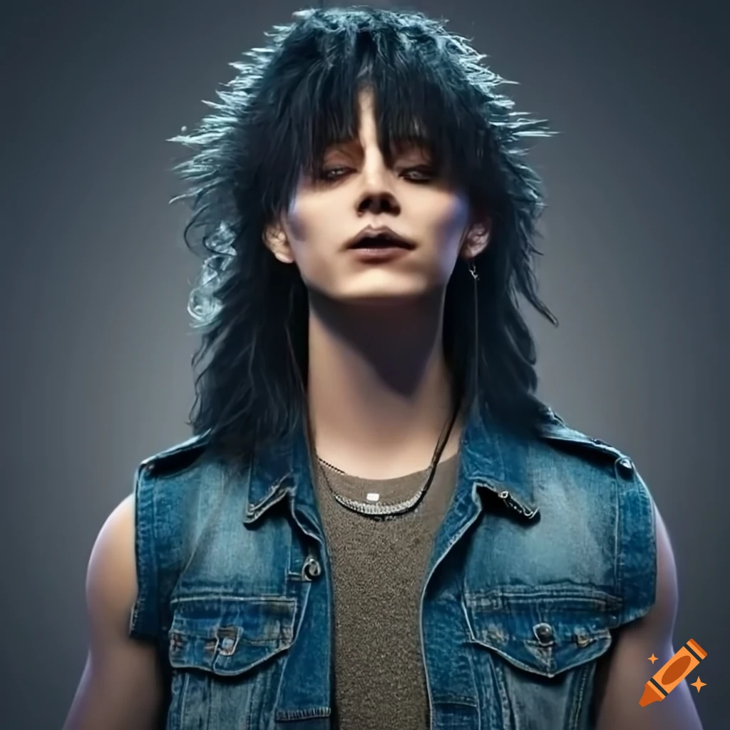 Rock singer with daring black mullet hair and denim vest on Craiyon