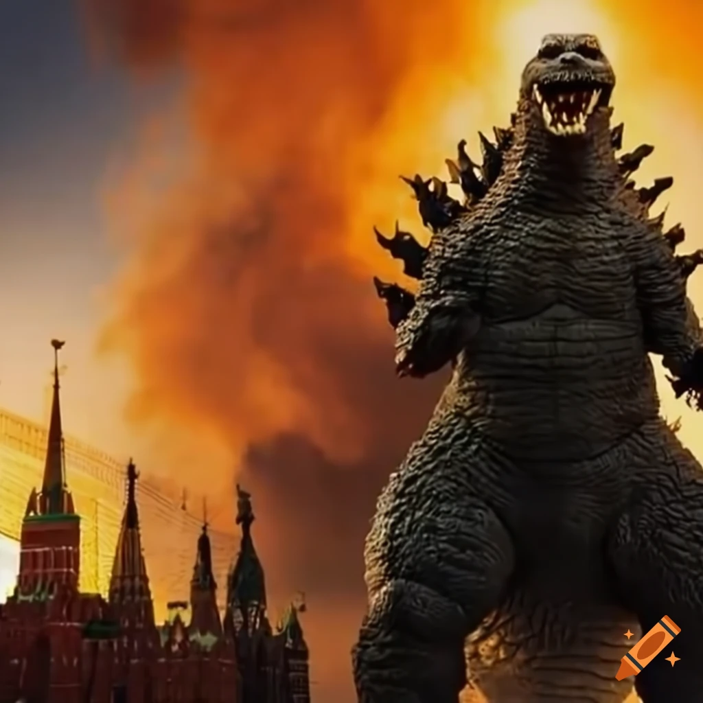 Detailed portrayal of godzilla destroying the kremlin on Craiyon