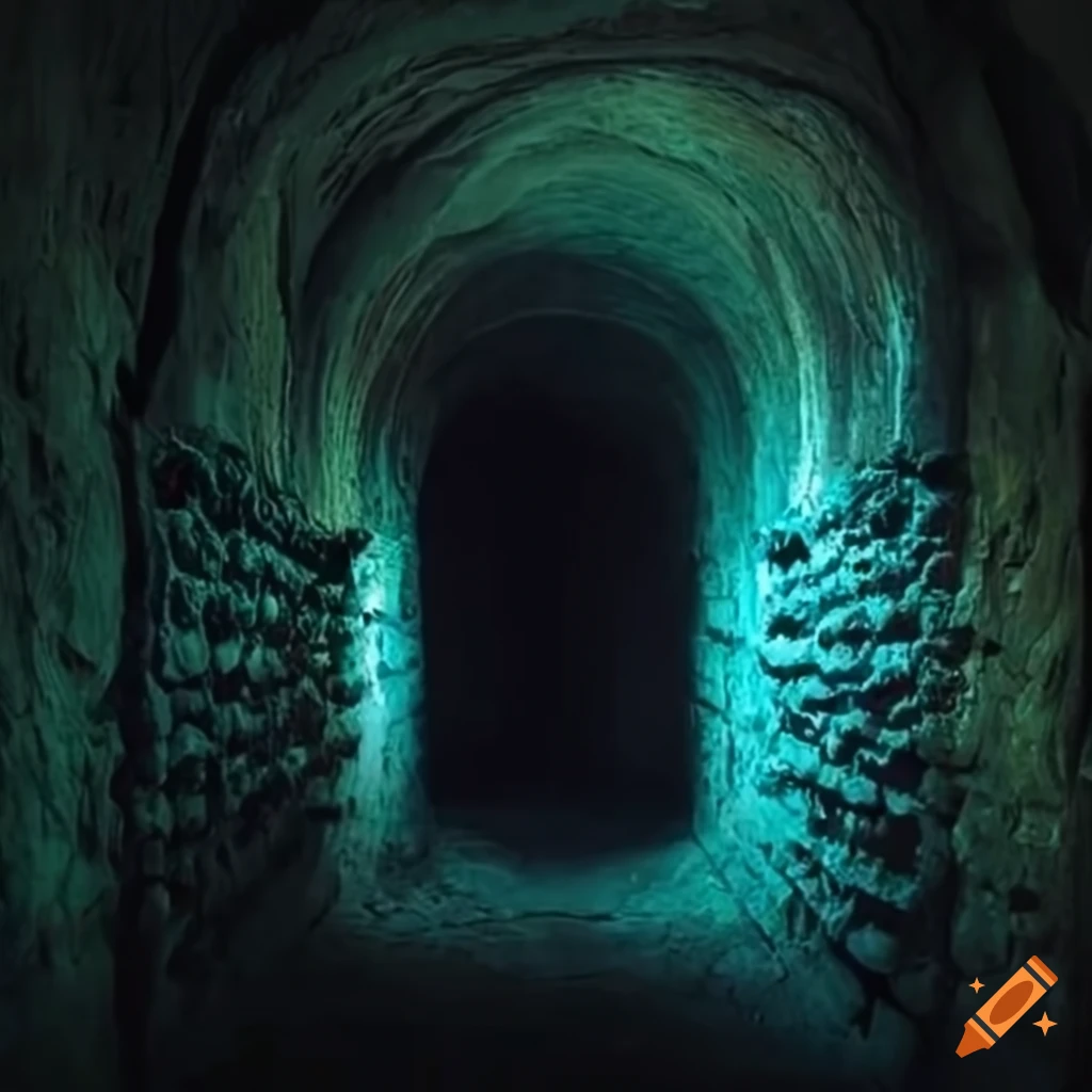 Dark mysterious ancient catacombs with weak spooky bluish light on Craiyon