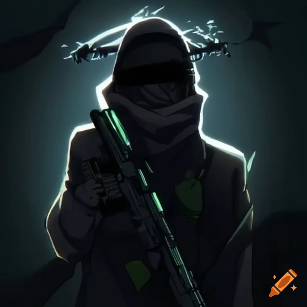 Anime sniper with new wave rap cover in green and dark theme on Craiyon