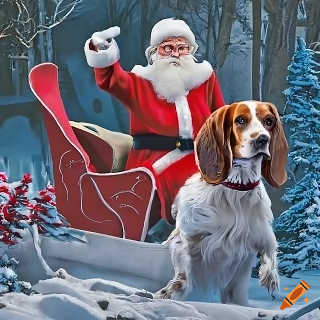 Santa claus with sleigh pulled by welsh springer spaniels on Craiyon