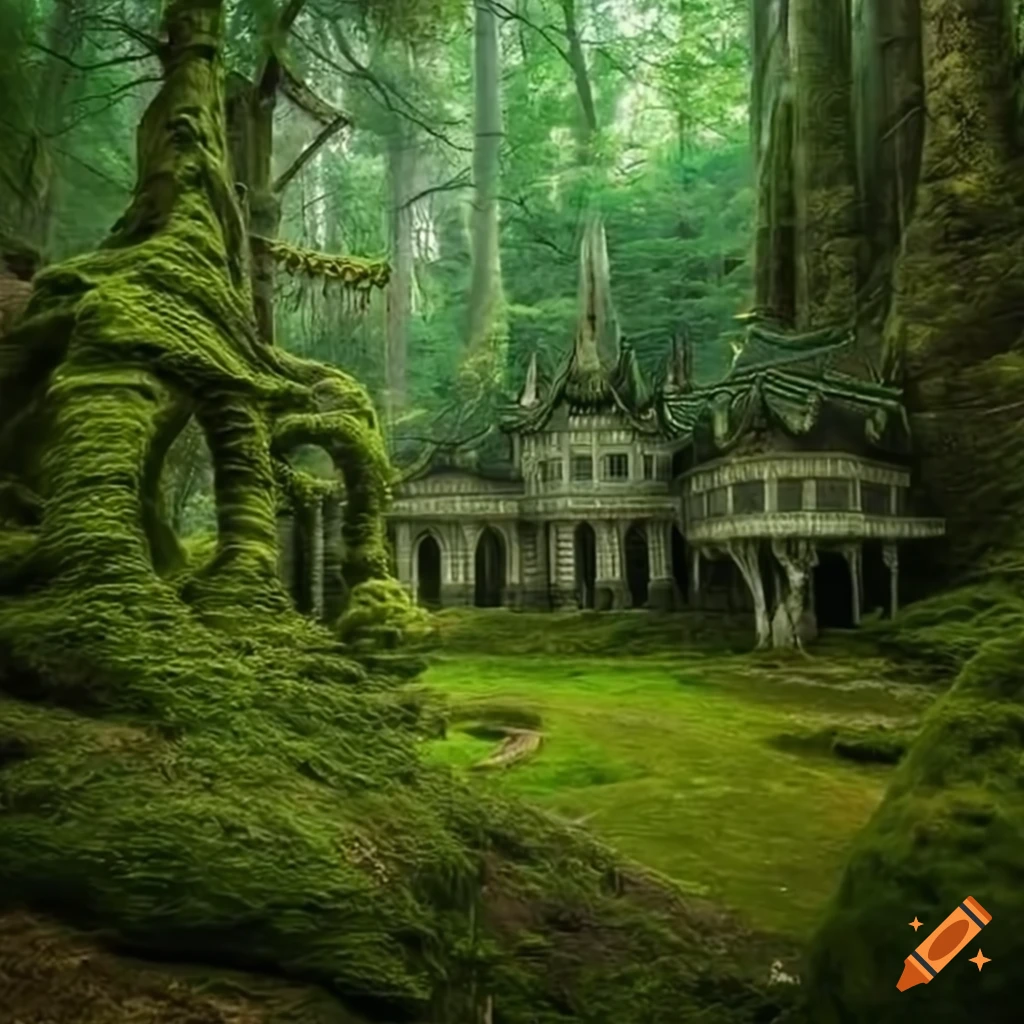 Magical elven palace deep in the forest surrounded by giant trees and ...