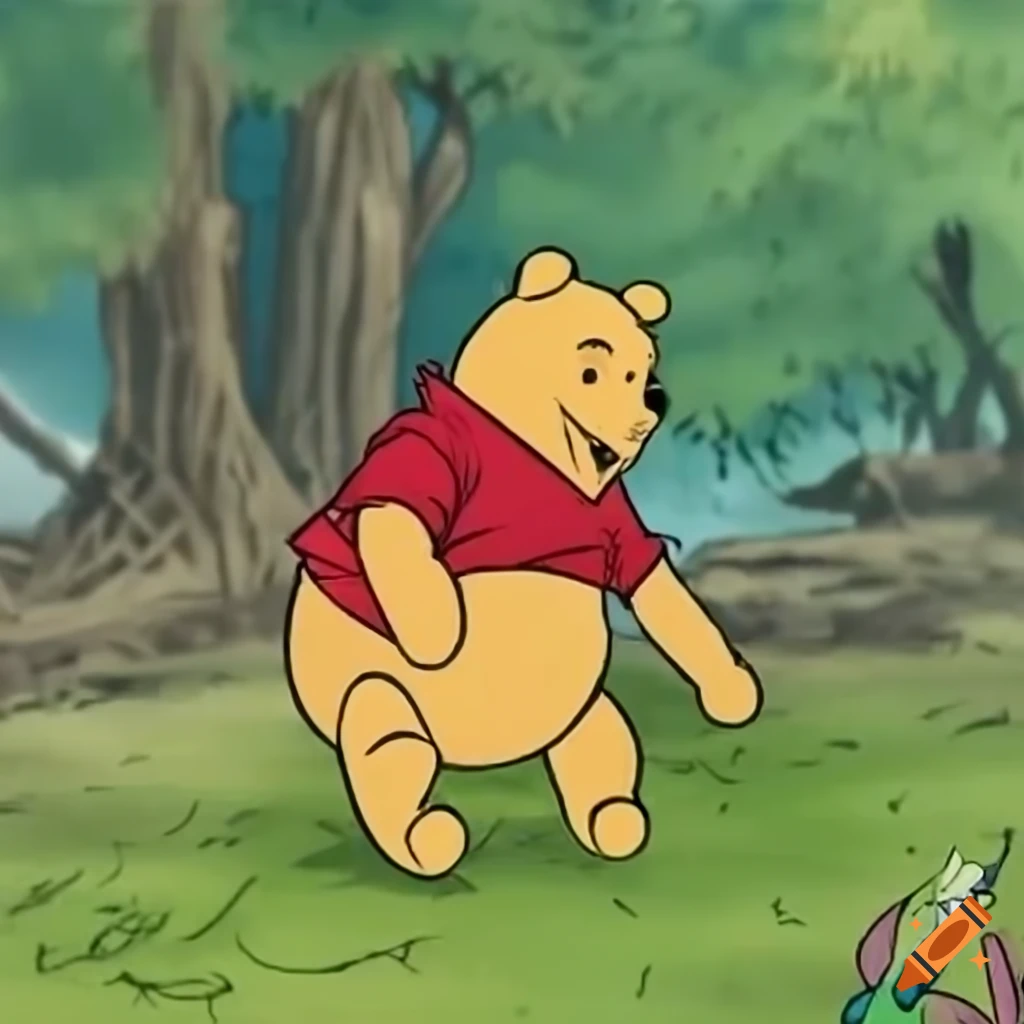 Cartoon image of winnie the pooh in a fun pose on Craiyon