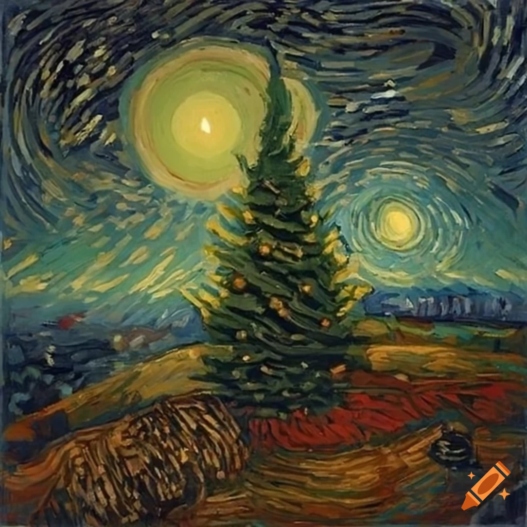 Christmas tree on a hill under a starry night, in a style reminiscent ...