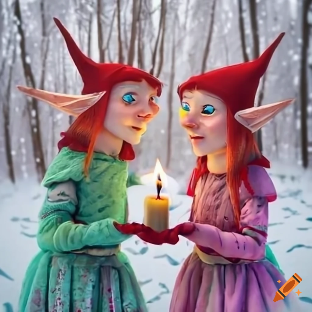 Two elves holding candles in a snowy forest on Craiyon