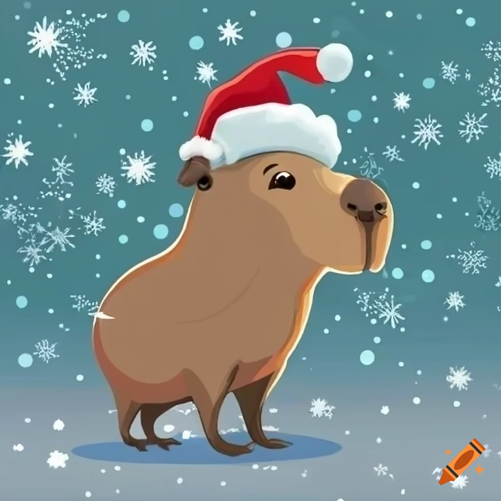 Cartoon capybara with a christmas hat on a merry winter background on ...