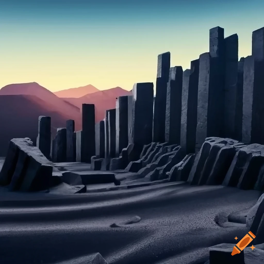 Landscape with black sand, basalt columns, mountain, and brick fort on ...