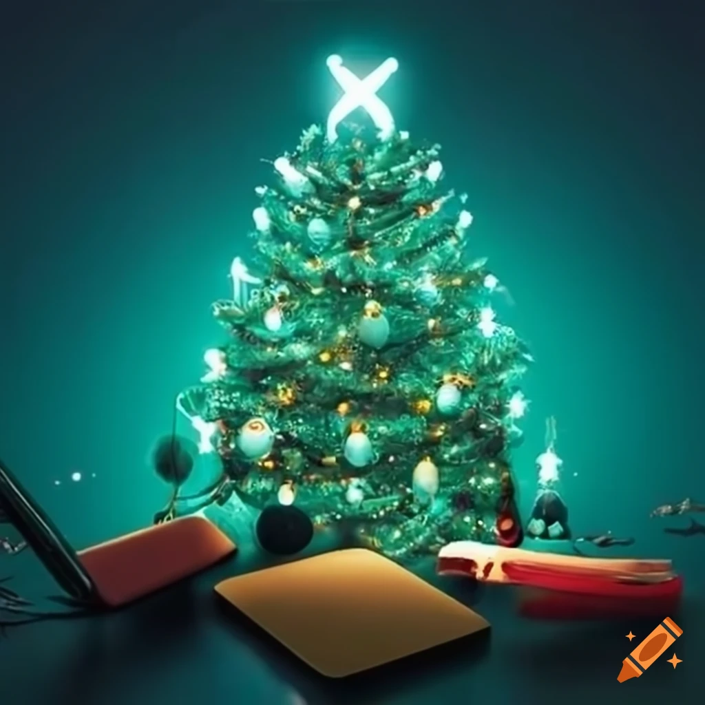 Christmas tree with tech devices and geeky decorations underneath on Craiyon