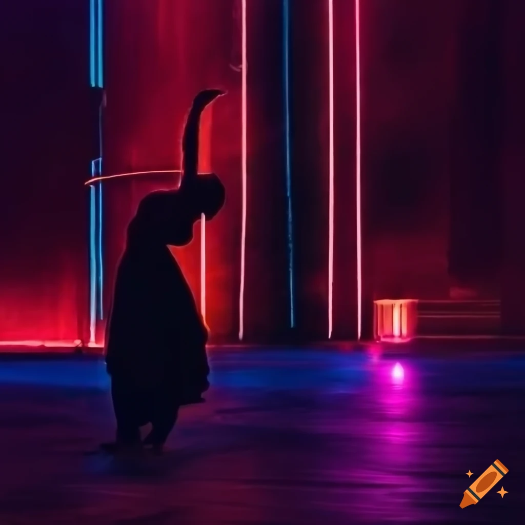 Vibrant cityscape with neon lights and silhouetted figures dancing on ...