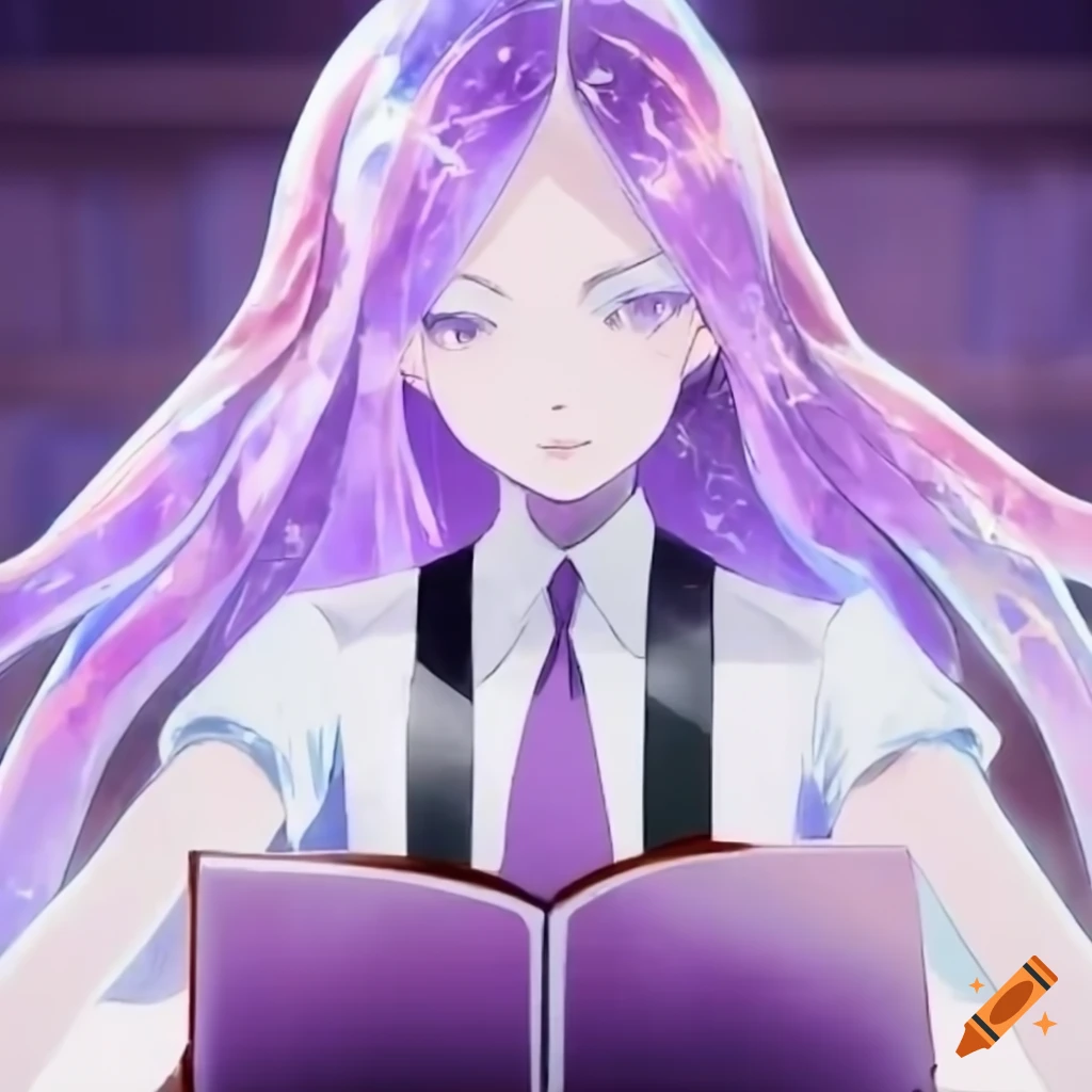 Lilac kunzite reading a book in a library on Craiyon