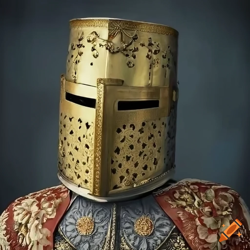 Medieval king in golden armor and antique crusader helmet with floral ...