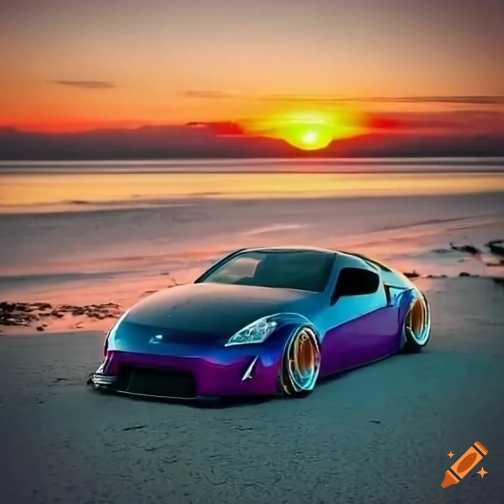 Detailed 4k nissan 350z jdm parked by a beach with crystal blue water at sunset on Craiyon
