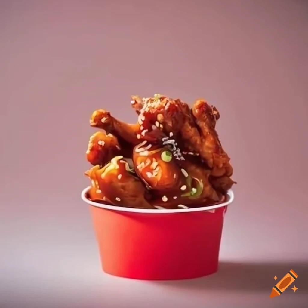 Delicious korean fried chicken in a classic red paper bucket on Craiyon