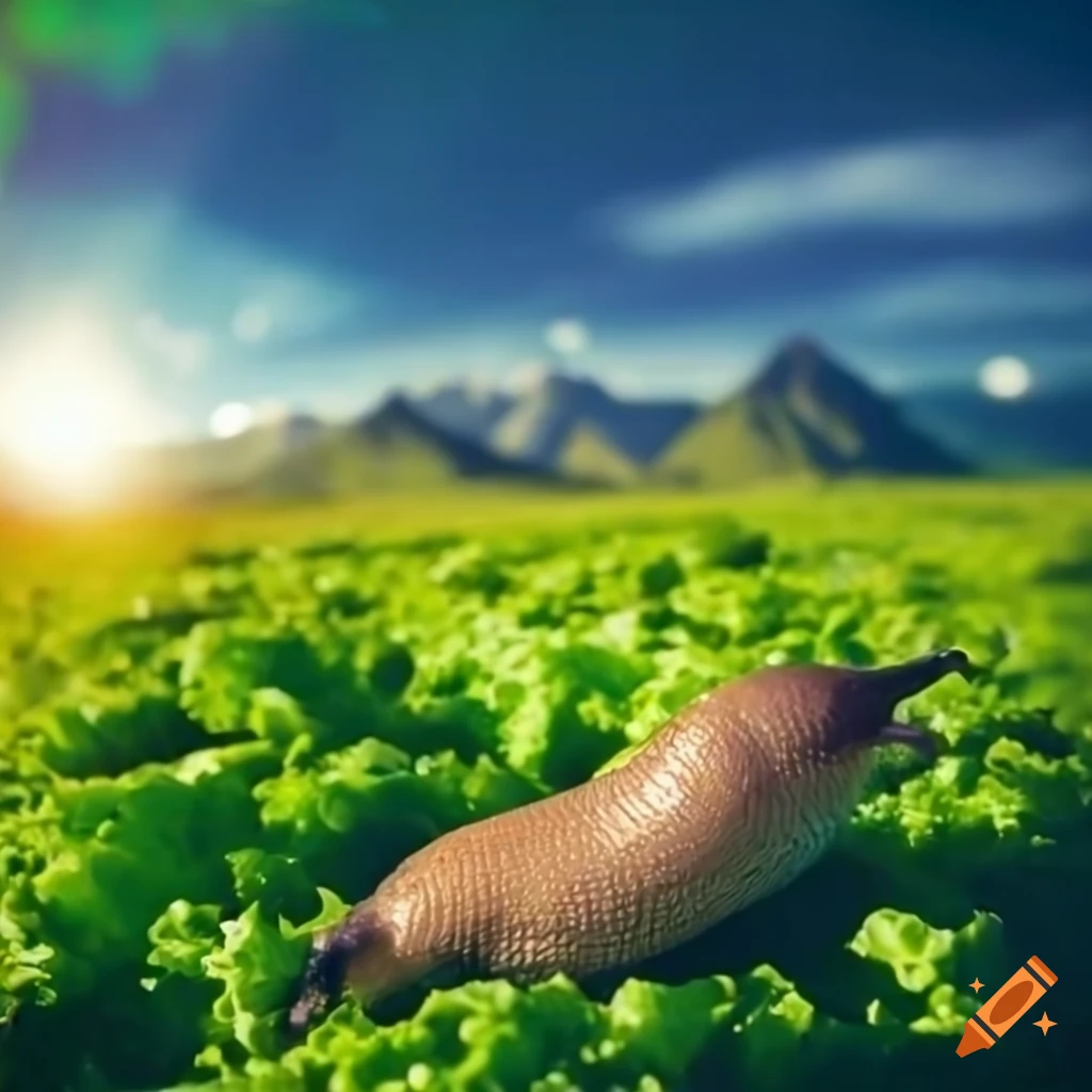 Slug eating lettuce in a sunny field with mountains in the background ...