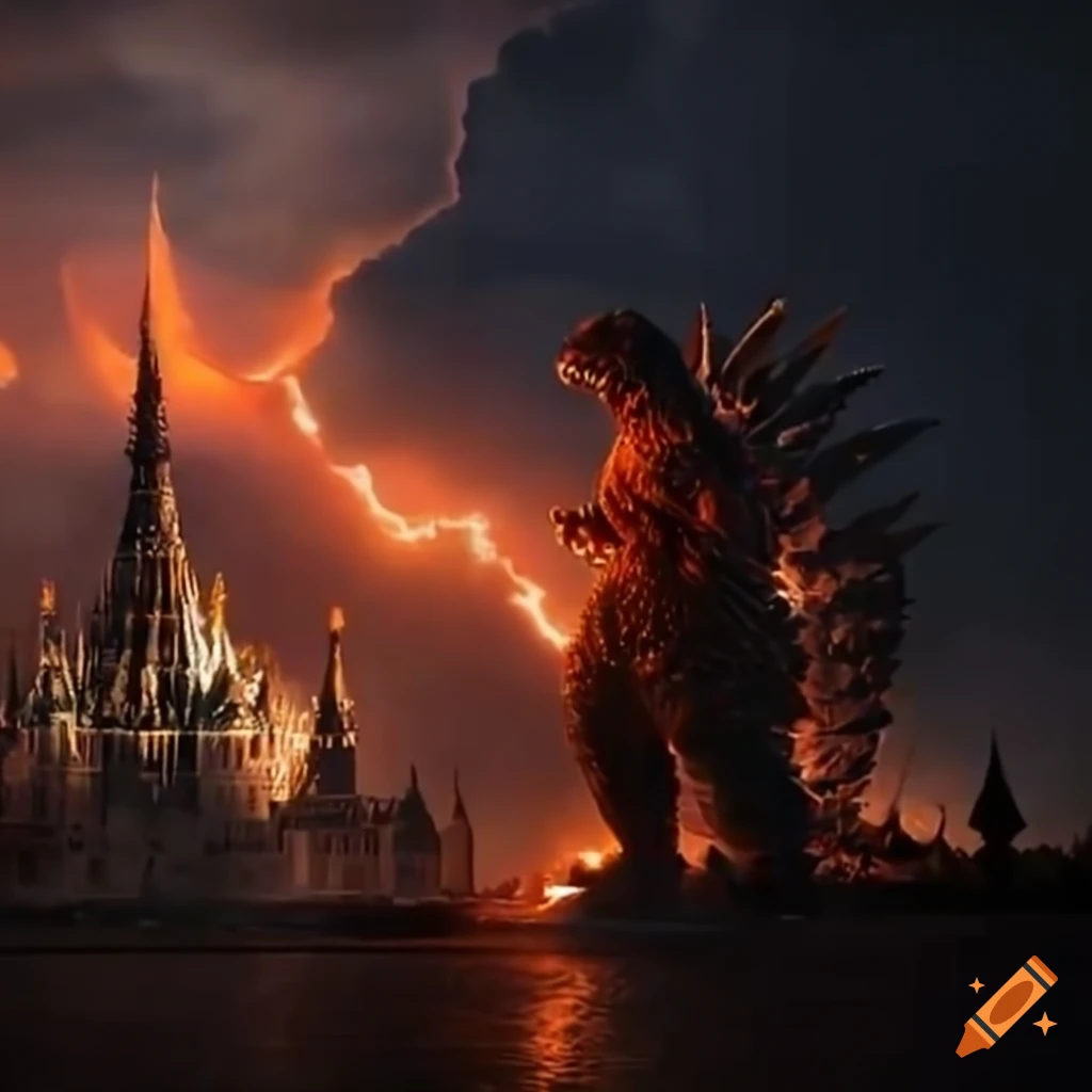 Detailed portrayal of Godzilla destroying the Kremlin on Craiyon