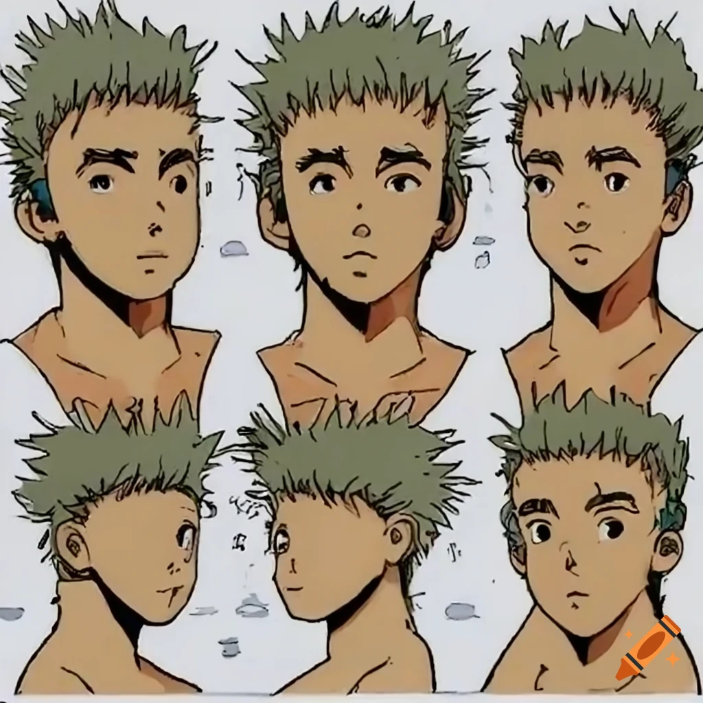 Studio Ghibli style model sheet of a man with a blonde shag mullet, 80 ...