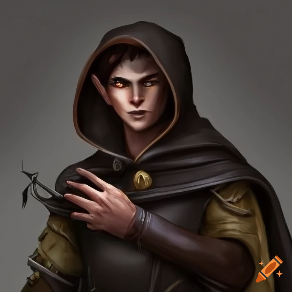Male half-elf rogue with black hair and yellow eyes wearing a hood on Craiyon