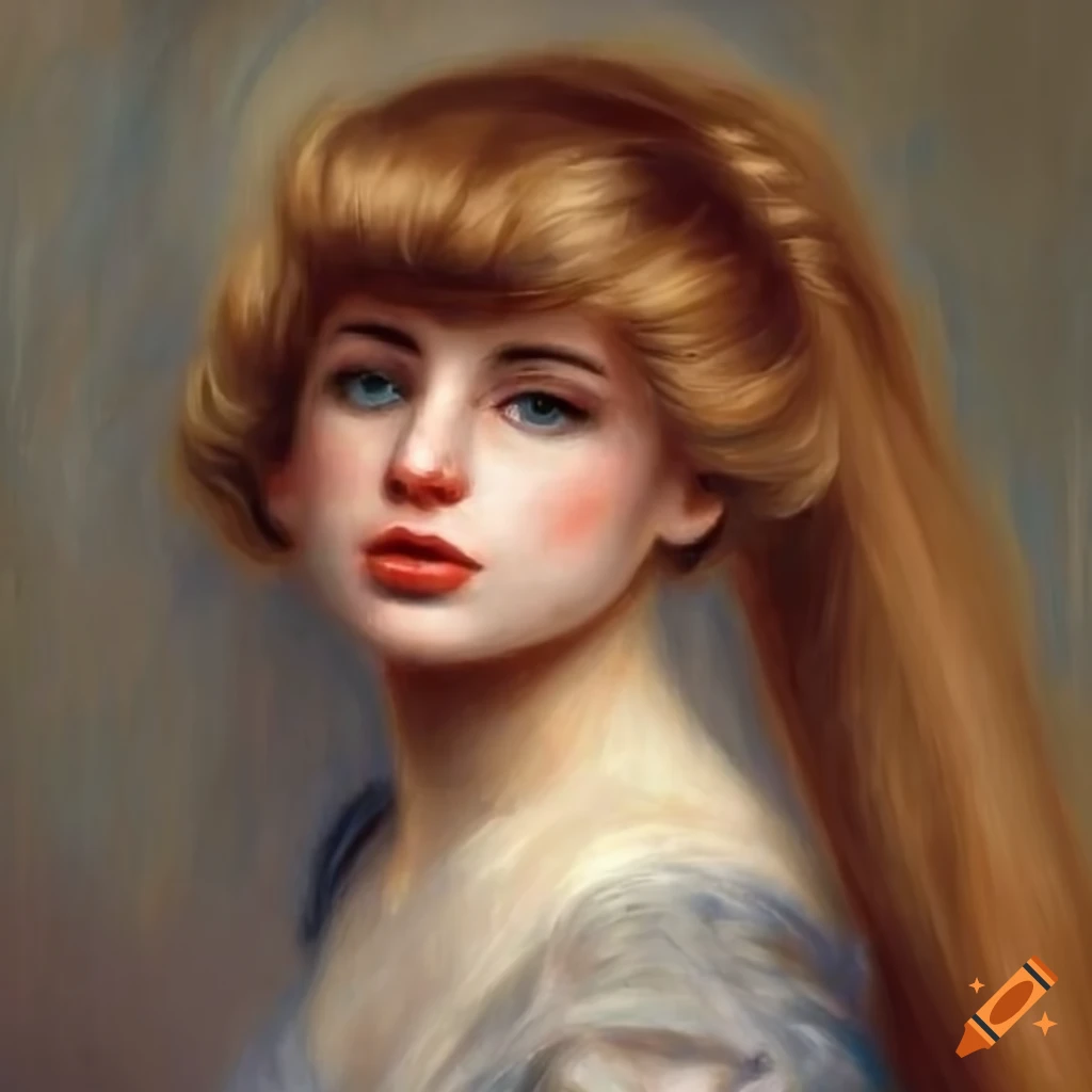 Woman with long fluffy hair in the style of renoir on Craiyon