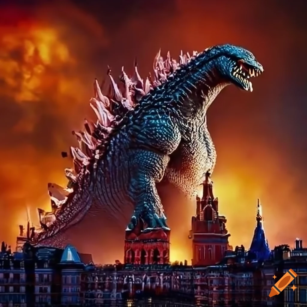 Godzilla rampaging through moscow with destructive power on Craiyon