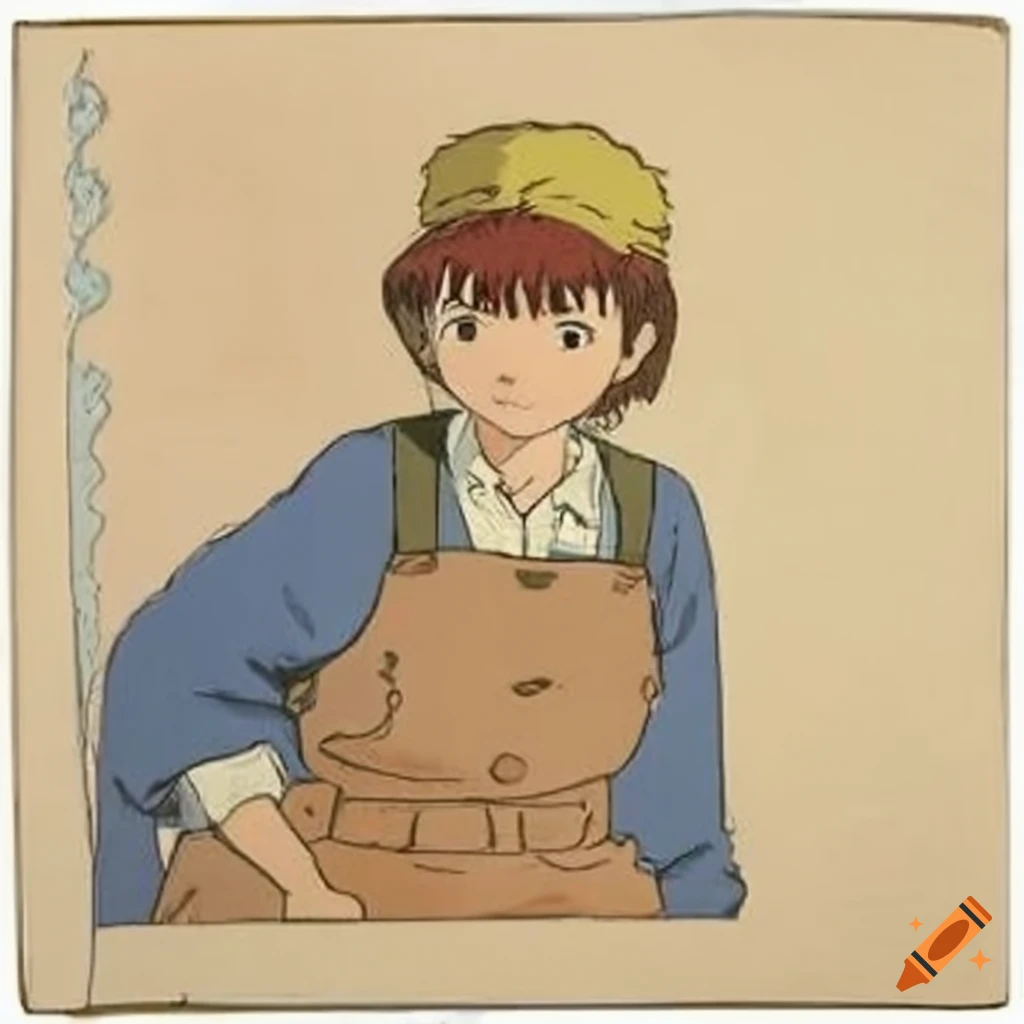 Colored ink drawing of a dockworker character by Hayao Miyazaki on Craiyon
