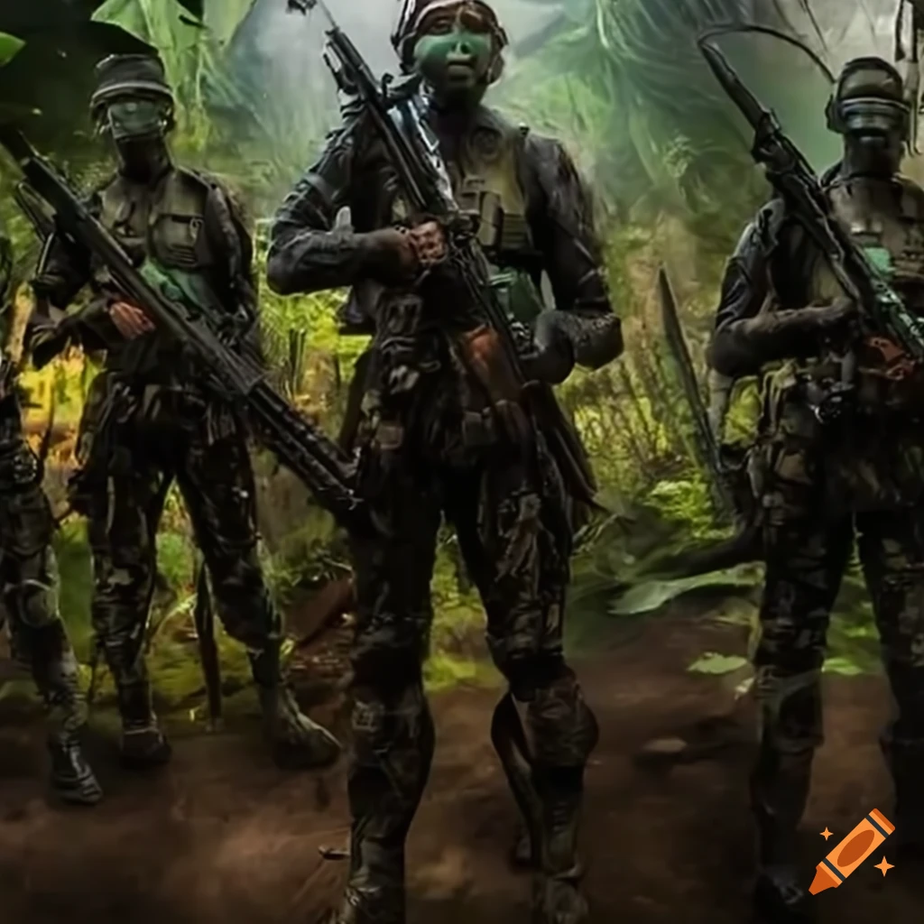 Futuristic soldiers marching in a tropical land parade on Craiyon