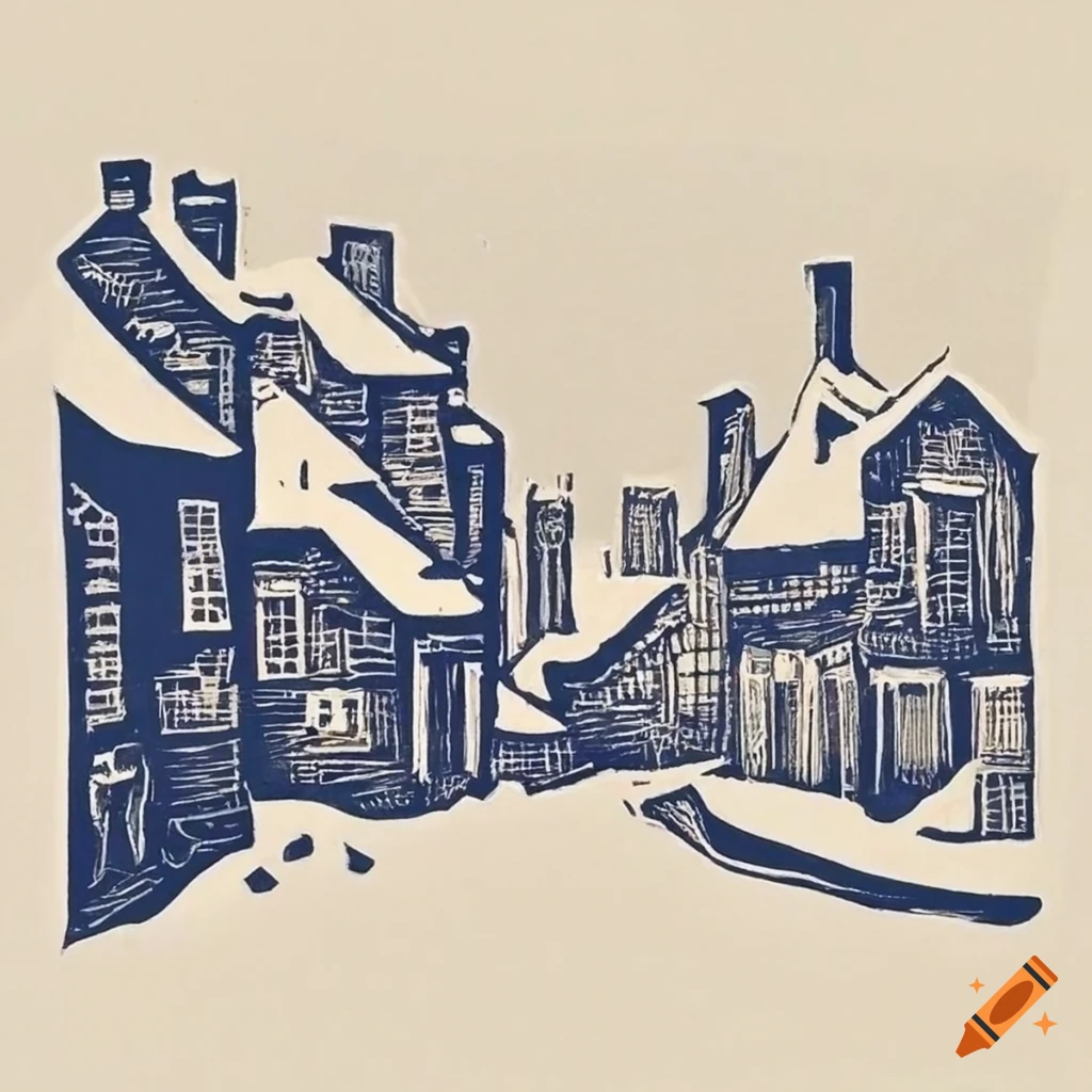 Snowy village in a linocut style on Craiyon
