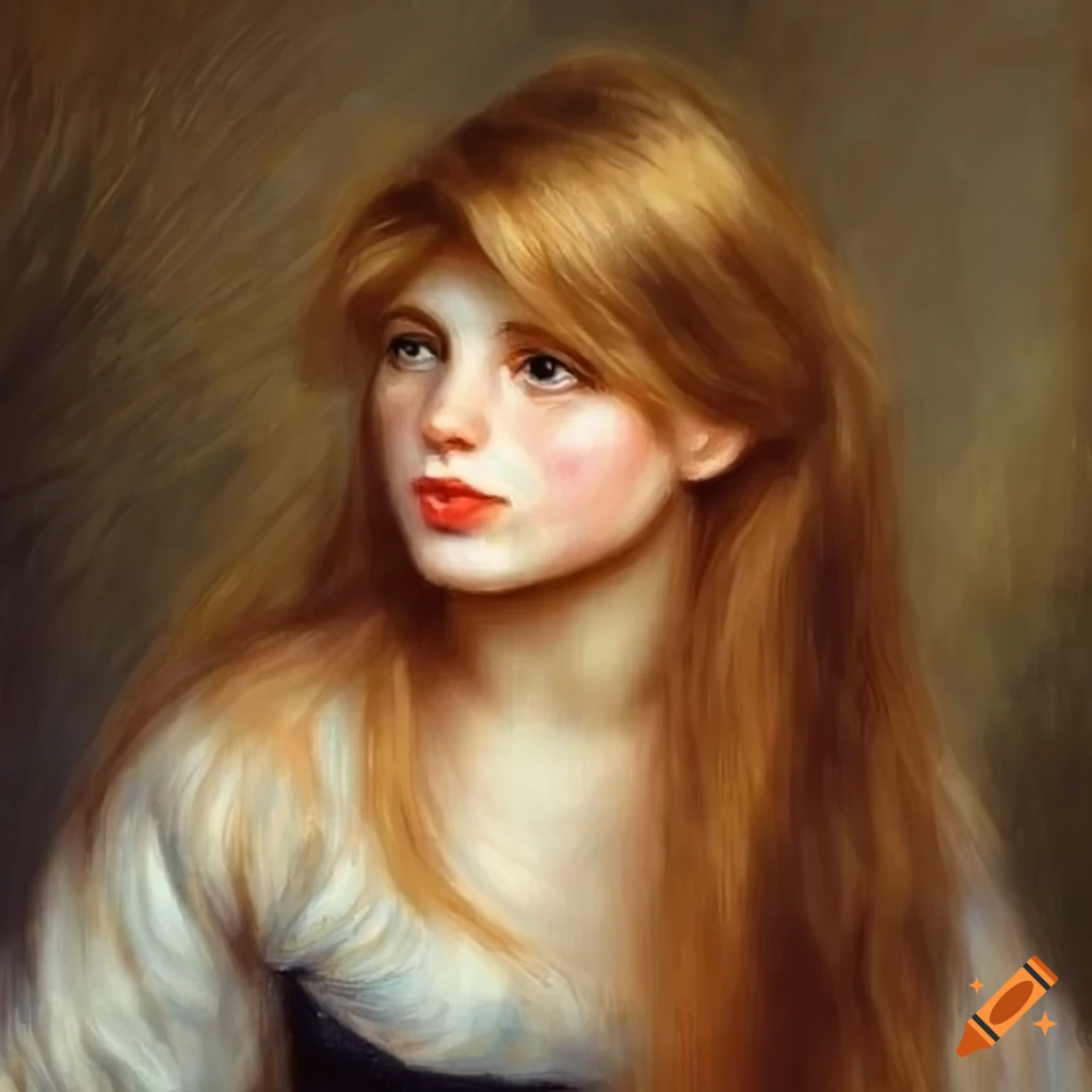Woman with long fluffy hair in the style of renoir on Craiyon
