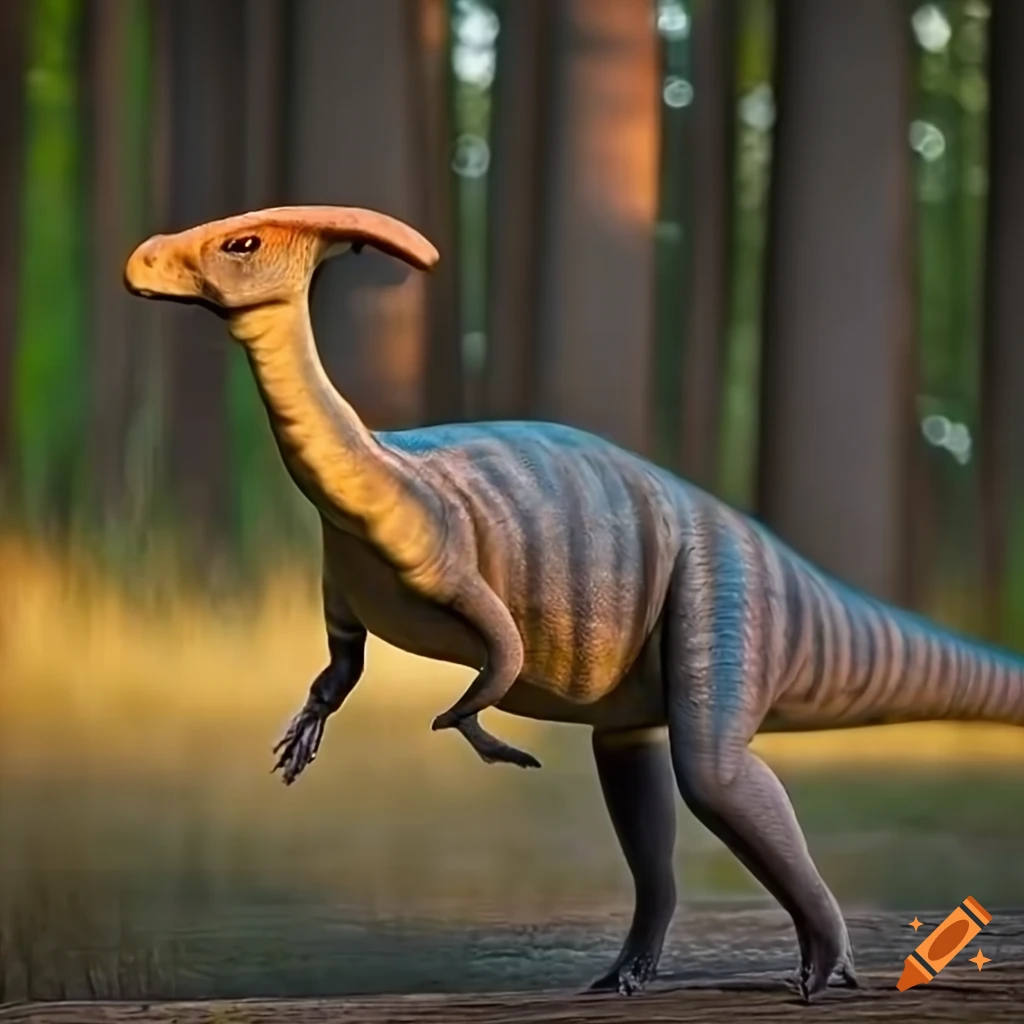 Striped grey and brown Parasaurolophus dinosaurs in British Columbia ...