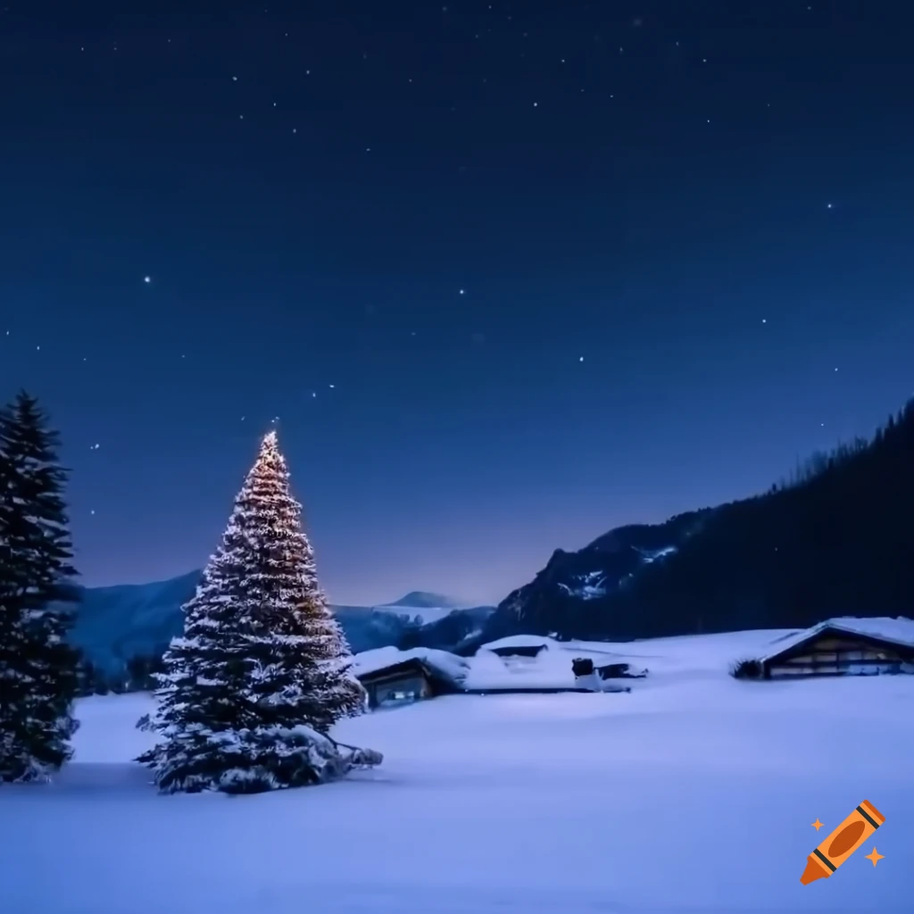Snow-covered landscape with cozy house, Christmas tree, and starry ...