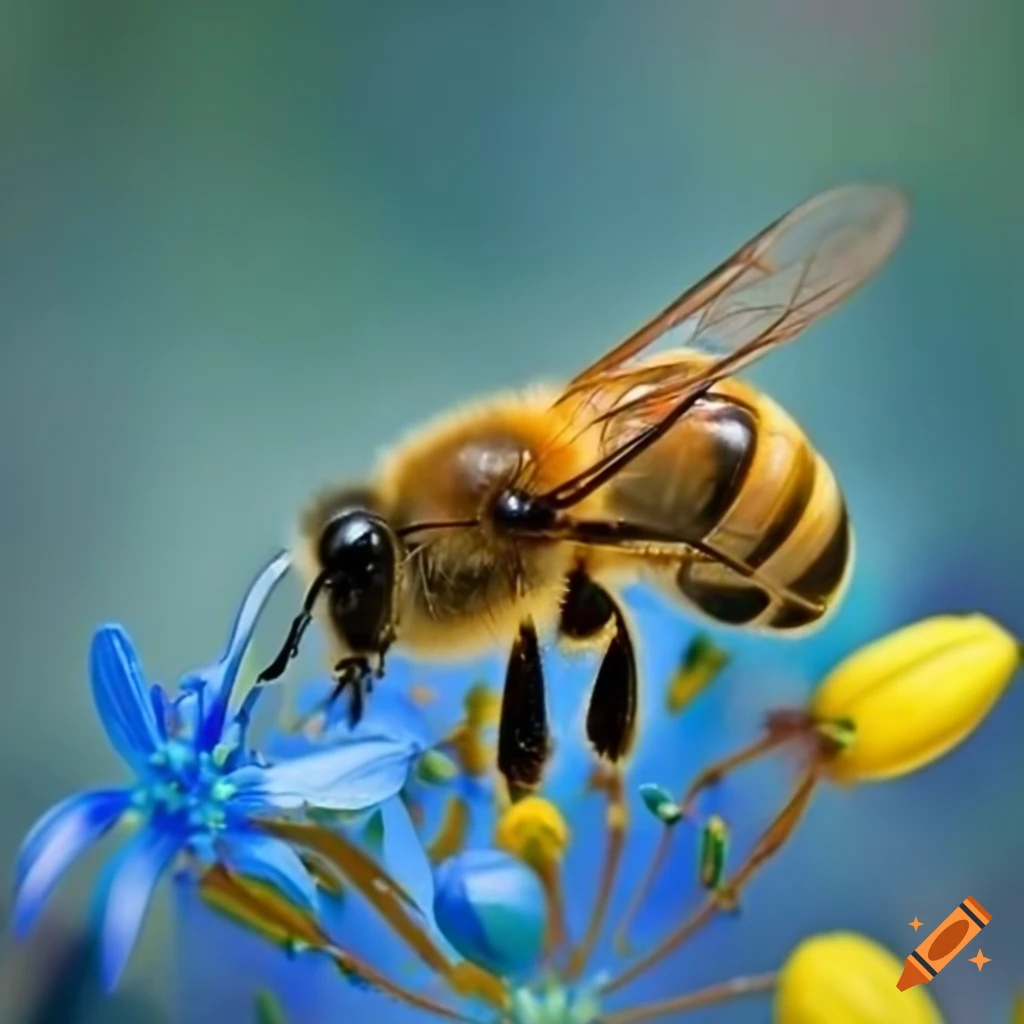 Honey queen bee on blue and yellow flowers on Craiyon