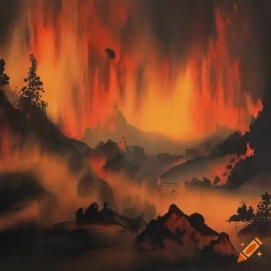 Chinese landscape painting with wildfire on Craiyon