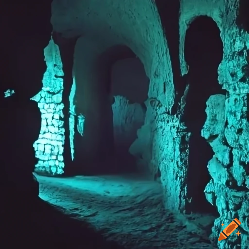 Mysterious ancient catacombs illuminated by weak bluish light on Craiyon