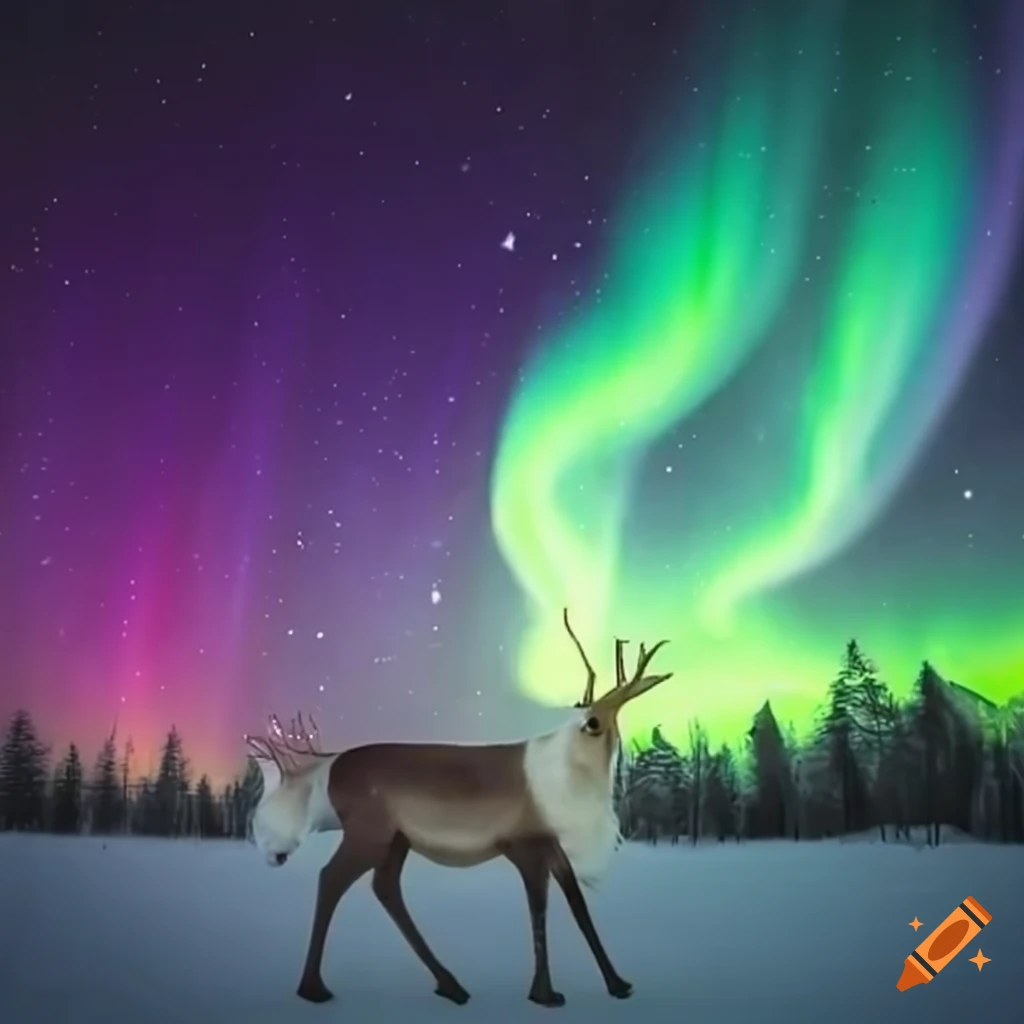 Reindeer flying under the aurora borealis on Craiyon
