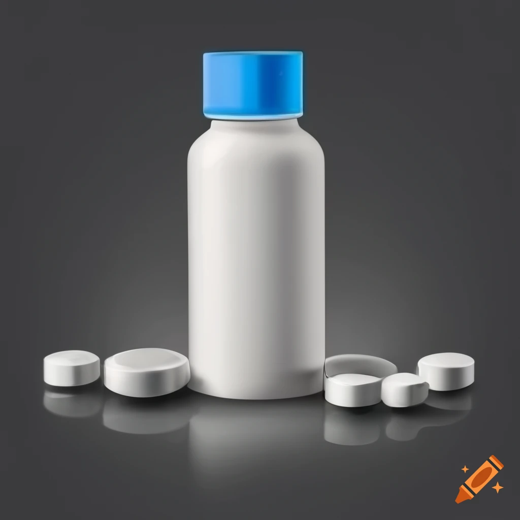 Two round white tablets next to a small white bottle with blue cap on ...